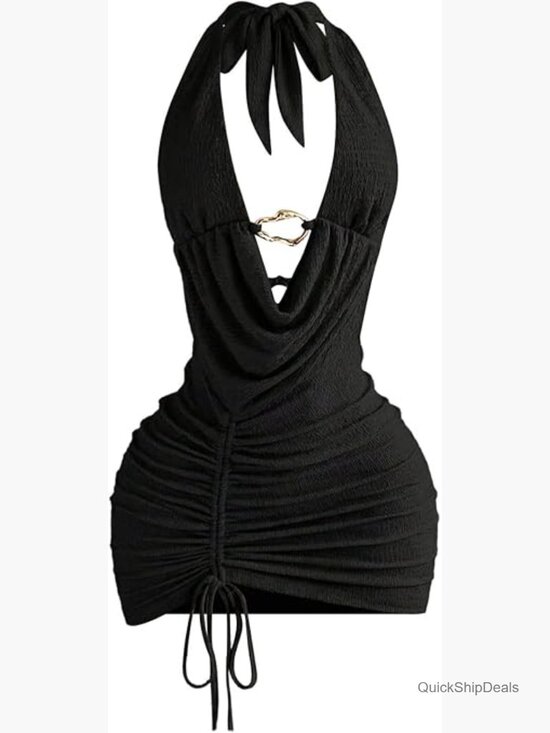 Dresses | Deep V Neck Bodycon Halter Mini Dress Tie Backless Ring ...